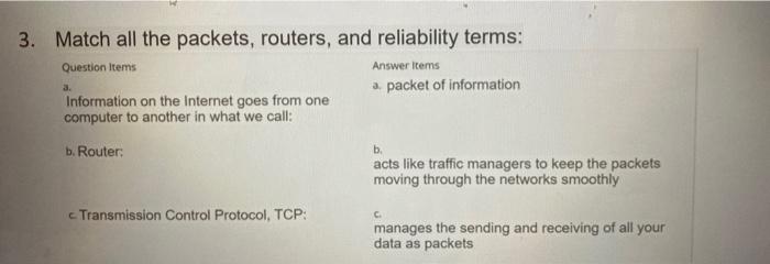 Solved Question Items 3. Match all the packets, routers, and | Chegg.com