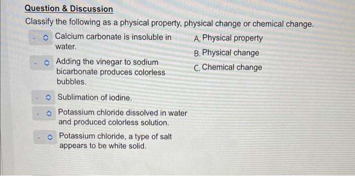 Solved Classify the following as a physical property, | Chegg.com