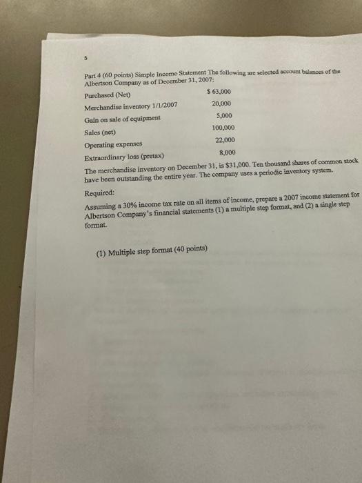 Solved Part 4(60 points) Simple income Statement The | Chegg.com