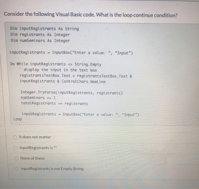Solved Consider the following Visual Basic code. What is the | Chegg.com