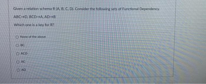 Solved Given a relation schema R (A, B, C, D). Consider the | Chegg.com