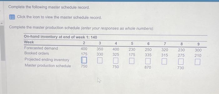 Solved Complete the following master schedule record. Click | Chegg.com