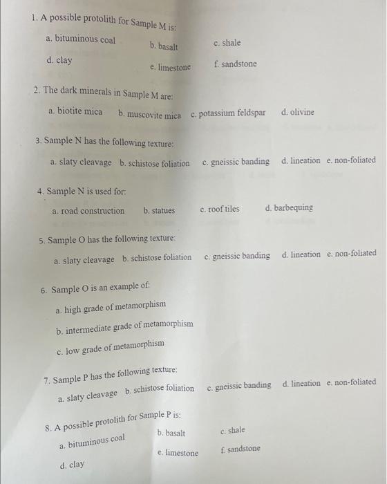 Solved 1. A possible protolith for Sample M is: a. | Chegg.com
