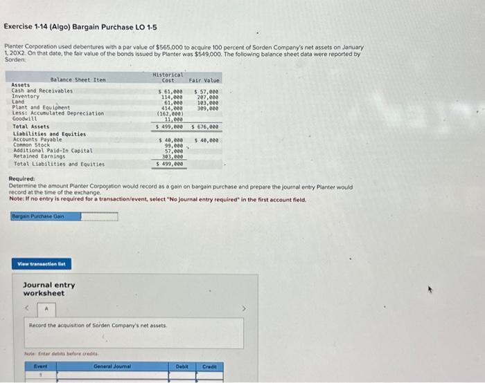 Solved Exercise 1-14 (Algo) Bargain Purchase LO 1-5 Planter | Chegg.com