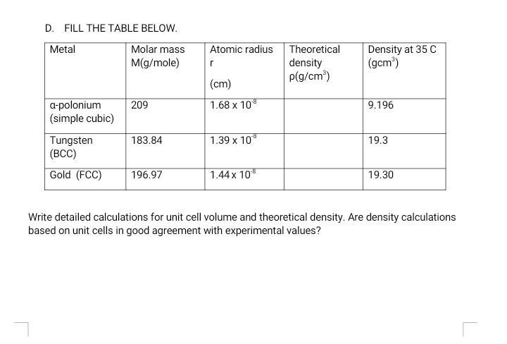 Solved D. FILL THE TABLE BELOW. Metal Molar mass M(g/mole) | Chegg.com