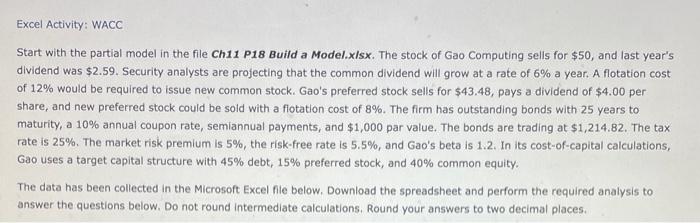 Solved Excel Activity: WACC Start with the partial model in | Chegg.com