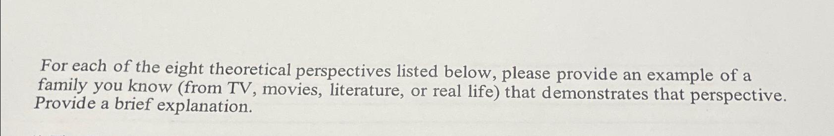 Solved For each of the eight theoretical perspectives listed | Chegg.com
