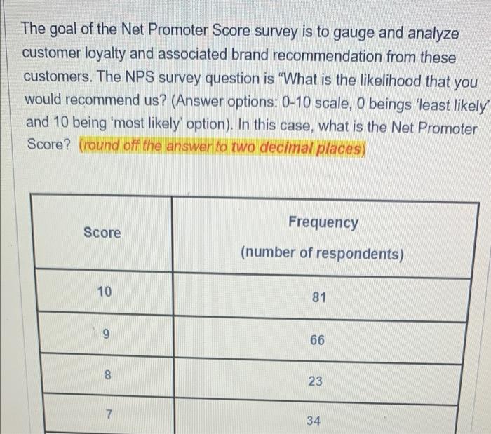 Solved The goal of the Net Promoter Score survey is to gauge | Chegg.com