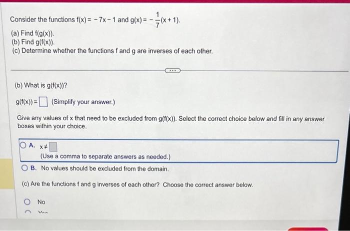 Solved Consider the functions f(x)=−7x−1 and g(x)=−71(x+1) | Chegg.com