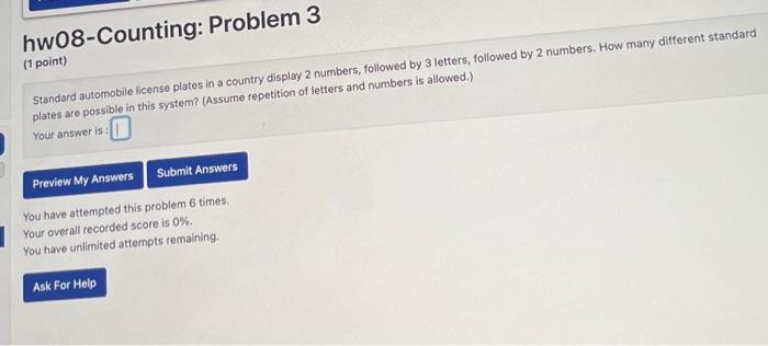 Solved hw08-Counting: Problem 3 Standard automobile license | Chegg.com