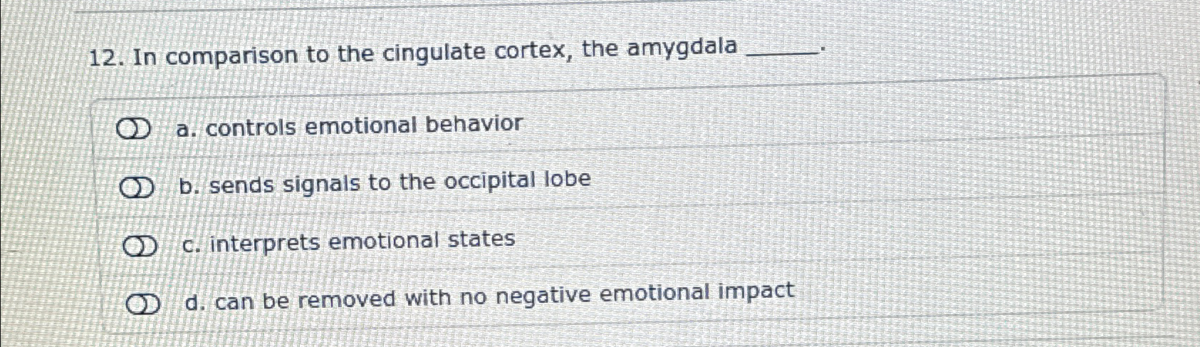 Solved In comparison to the cingulate cortex, the amygdalaa. | Chegg.com