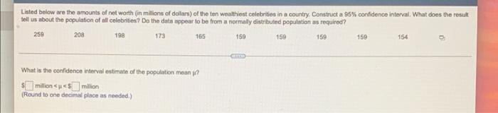 Solved Listed below are the amounts of net worth (in | Chegg.com