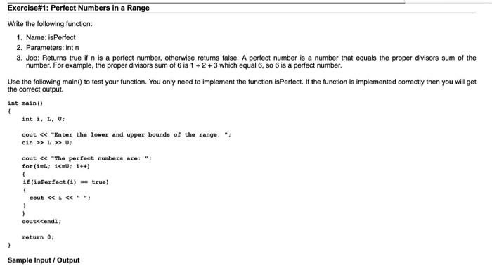 Solved Exercise#1: Perfect Numbers in a Range Write the | Chegg.com