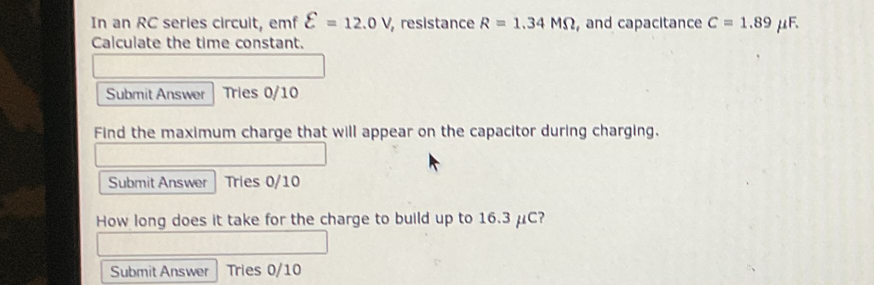 Solved In an RC ﻿serles circult, emf E=12.0V, ﻿resistance | Chegg.com