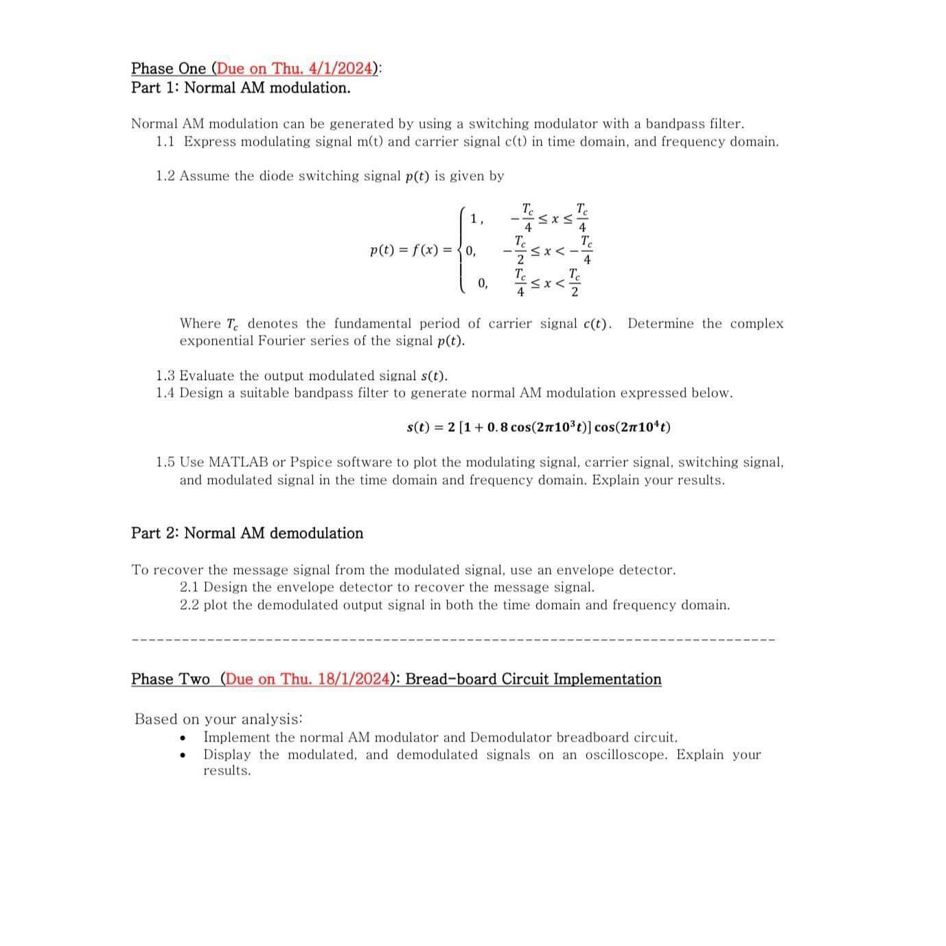 Solved This project will cover amplitude modulation and | Chegg.com