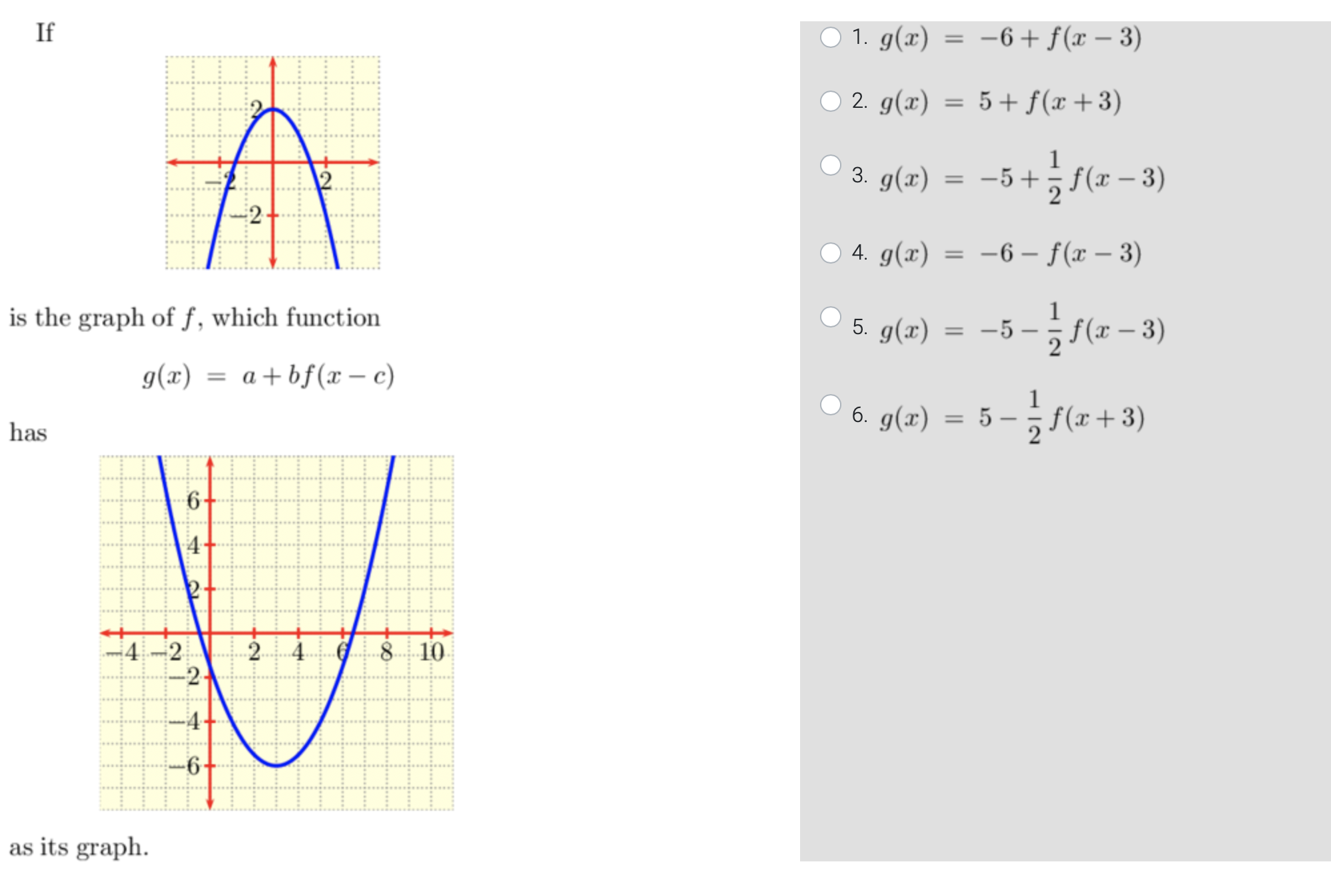 Solved g(x)=-6+f(x-3)g(x)=5+f(x+3)g(x)=-5+12f(x-3)g(x)=-6-f( | Chegg.com