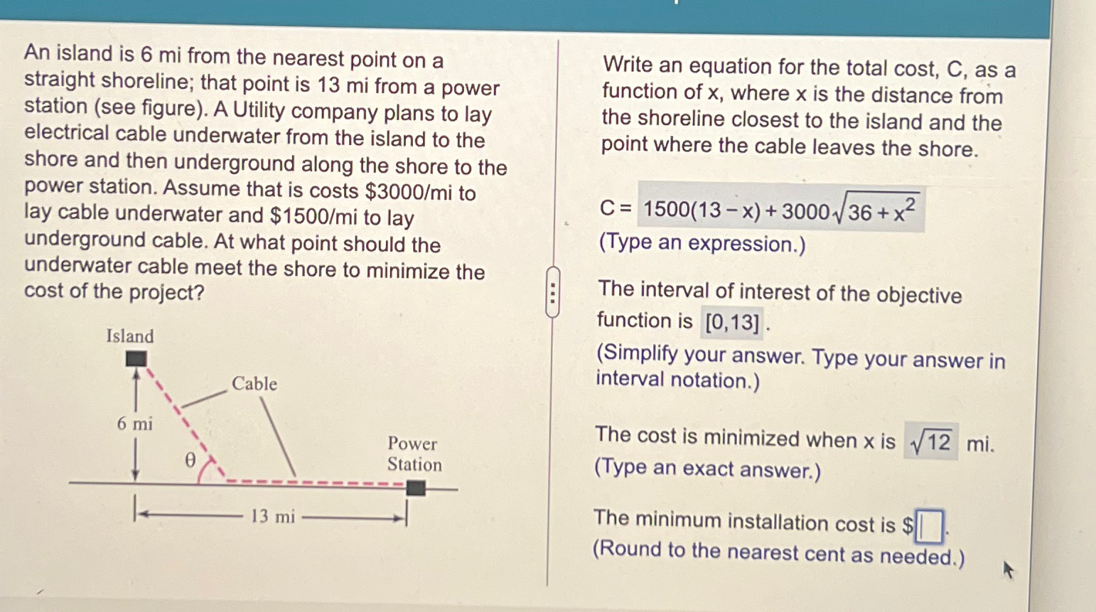 An island is 6mi ﻿from the nearest point on a | Chegg.com