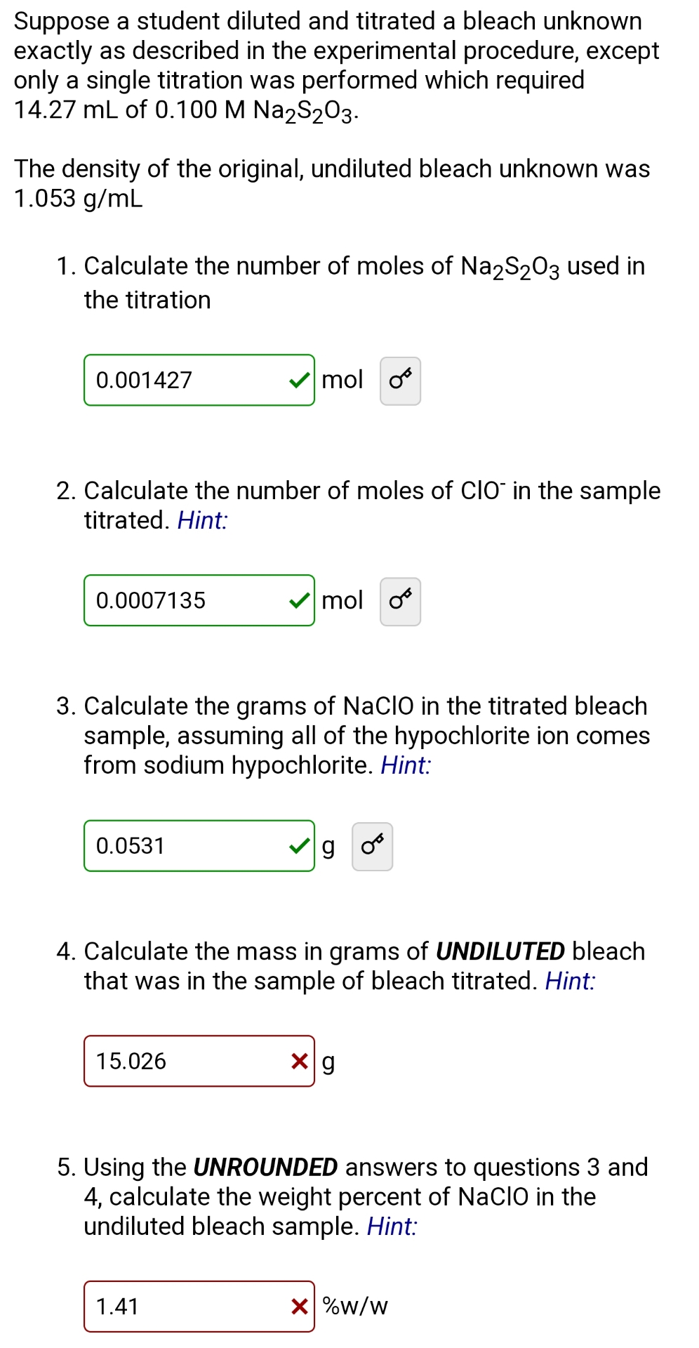 Solved Suppose a student diluted and titrated a bleach | Chegg.com