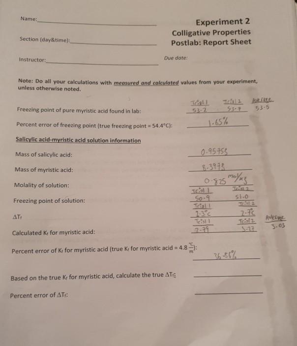 Solved Name: Experiment 2 Colligative Properties Postlab: | Chegg.com