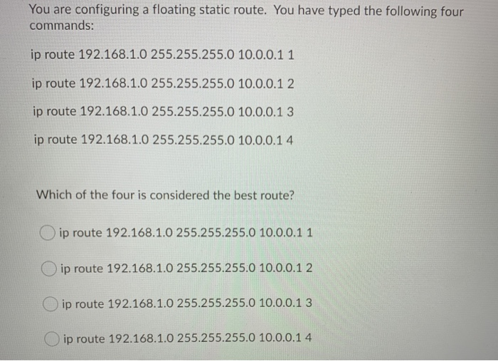 Solved You are configuring a floating static route. You have | Chegg.com
