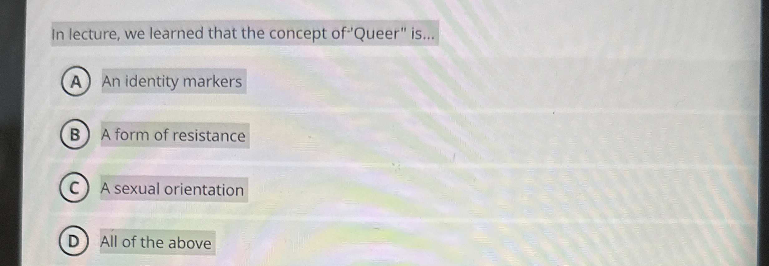 Solved In lecture, we learned that the concept of ?' ﻿Queer | Chegg.com