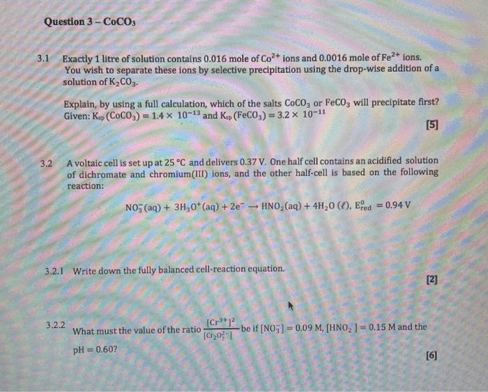 Solved Question 3 - COCO 3.1 Exactly 1 litre of solution | Chegg.com