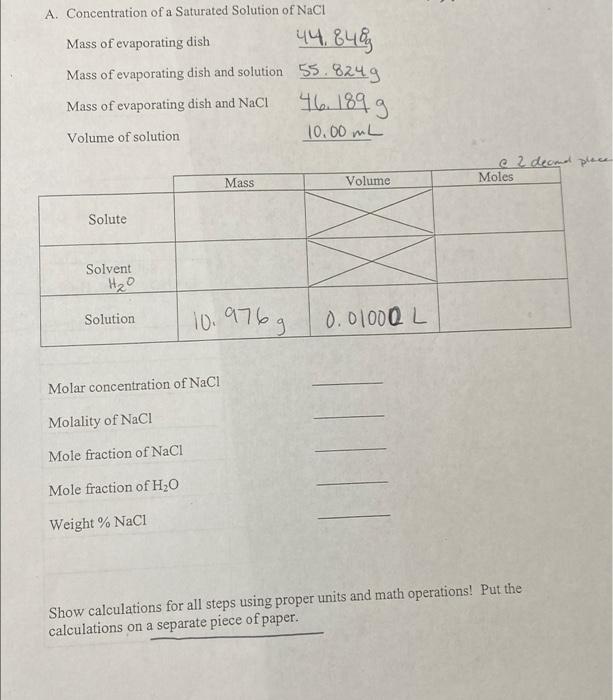Solved A. Concentration of a Saturated Solution of NaCl | Chegg.com