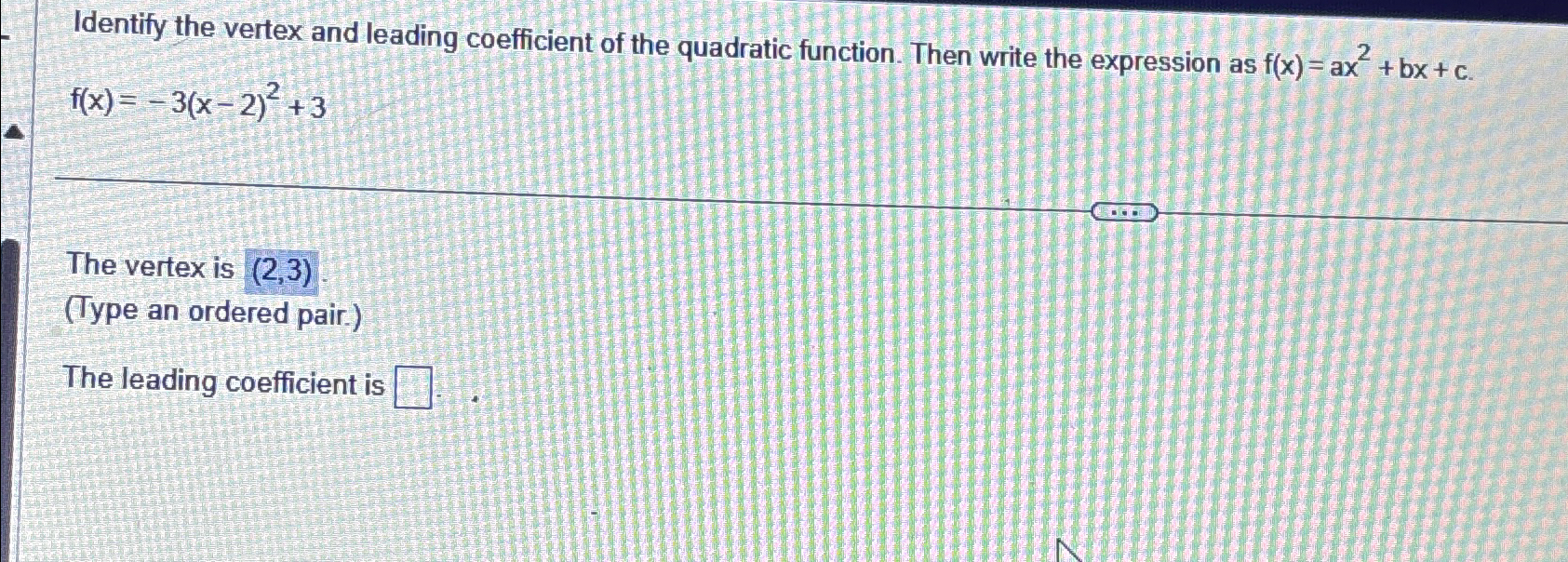 Identify the vertex and leading coefficient of the | Chegg.com