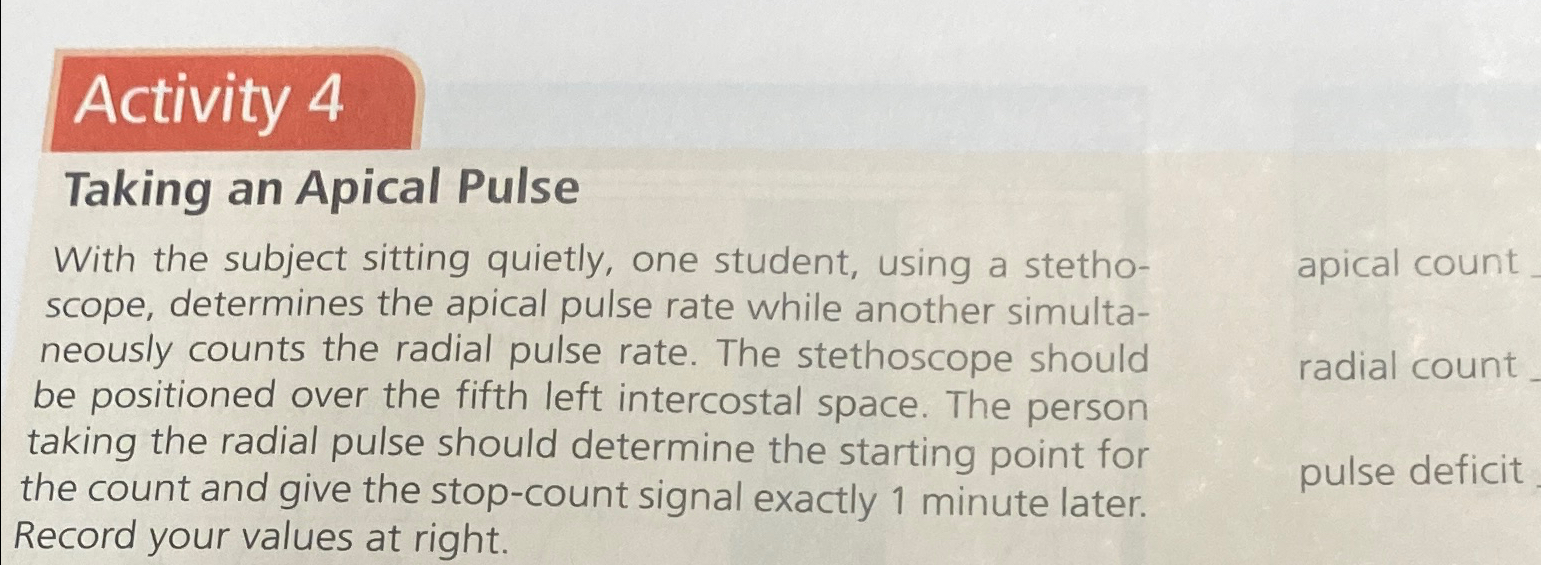 Solved Activity 4Taking an Apical PulseWith the subject | Chegg.com