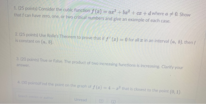 Solved 1. (25 points) Consider the cubic function f (26) = | Chegg.com