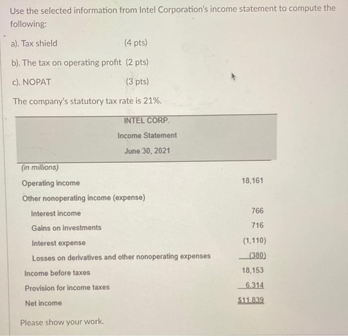 Solved Use the selected information from Intel Corporation's | Chegg.com