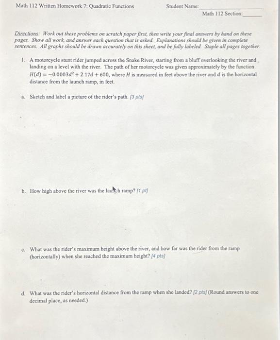 Solved Math 112 Written Homework 7: Quadratic Functions | Chegg.com