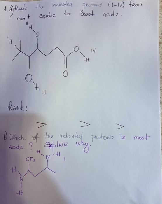 Solved 1. 2) Rank the indicated protons (1-1v) from to least | Chegg.com