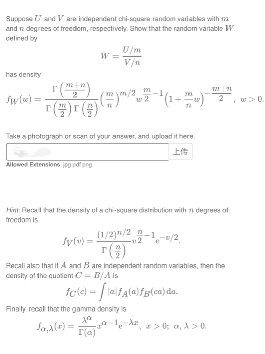 Solved Suppose U and V are independent chi-square random | Chegg.com