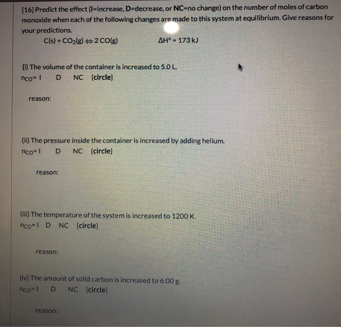 Solved [16] Predict the effect (1=increase, D=decrease, or | Chegg.com
