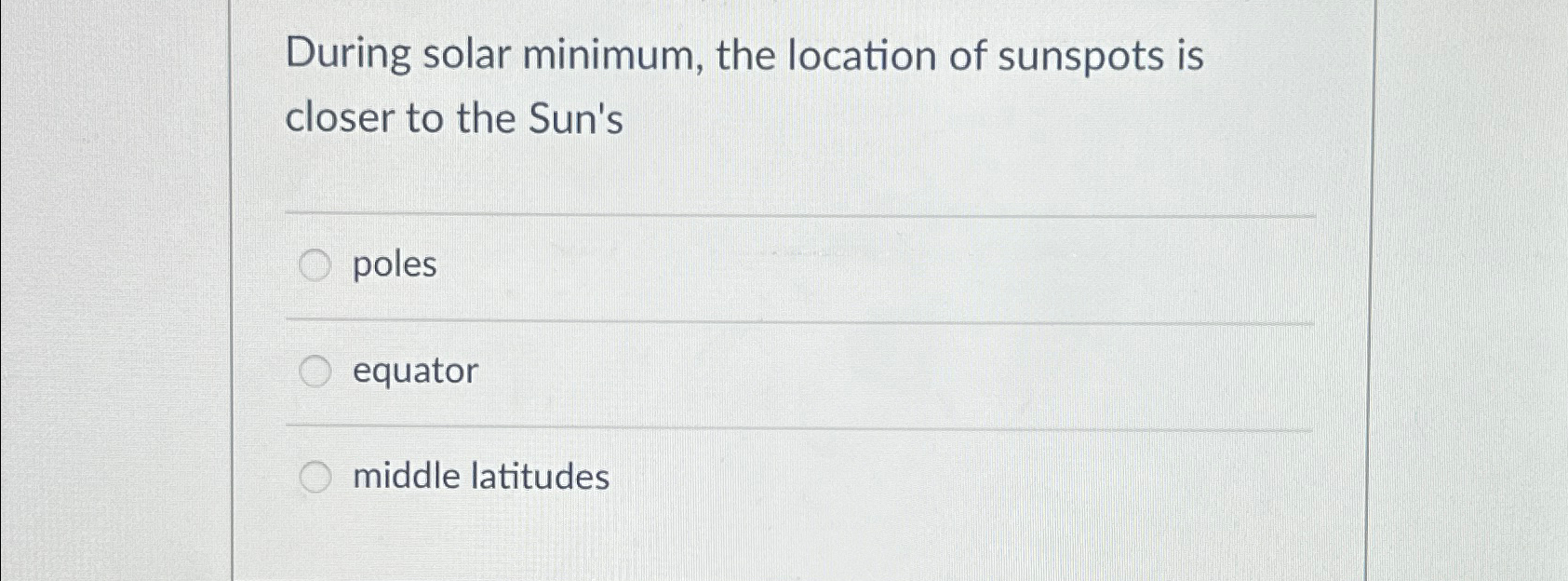 Solved During solar minimum, the location of sunspots is | Chegg.com