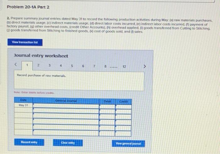 Solved Required Information Problem 20-1A Production cost | Chegg.com