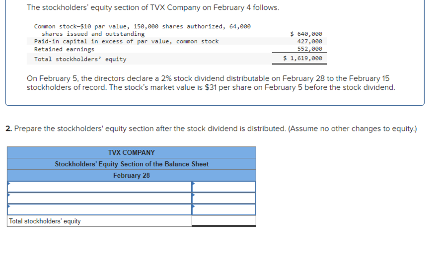 Solved The stockholders' equity section of TVX Company on | Chegg.com