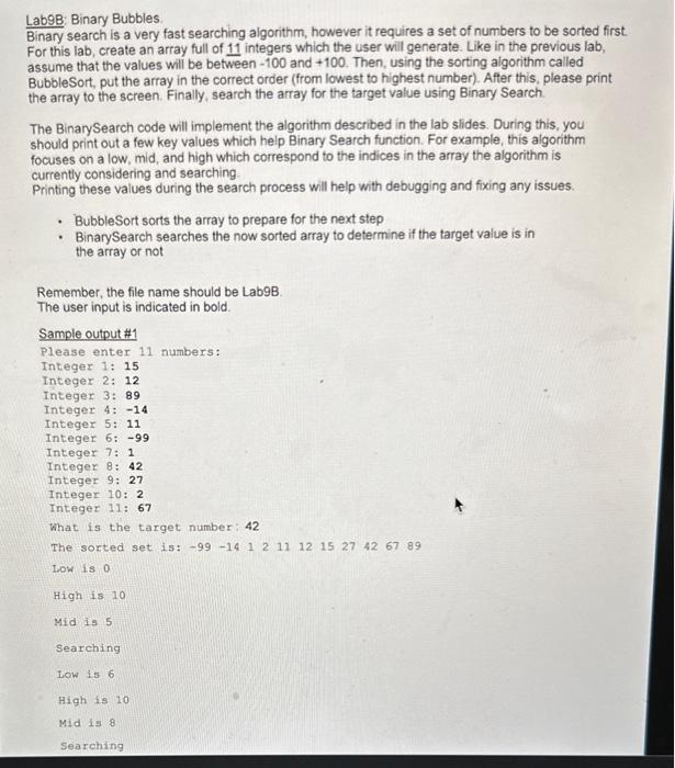 Solved LabgB: Binary Bubbles. Binary search is a very fast | Chegg.com