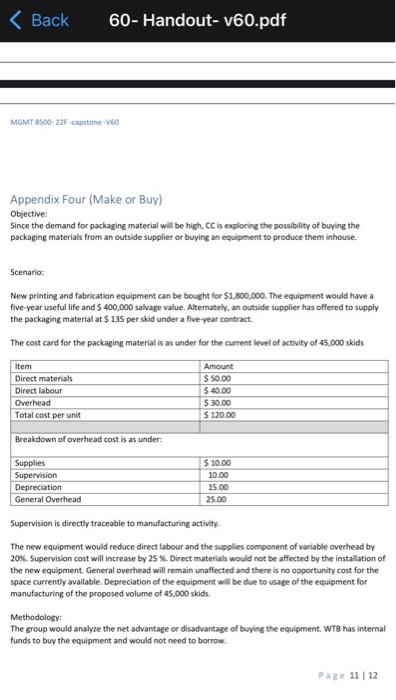 Solved Appendix Four (Make or Buy) objective: Since the | Chegg.com
