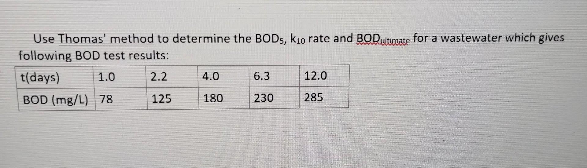 Solved Use Thomas' method to determine the BOD5,k10 rate and | Chegg.com