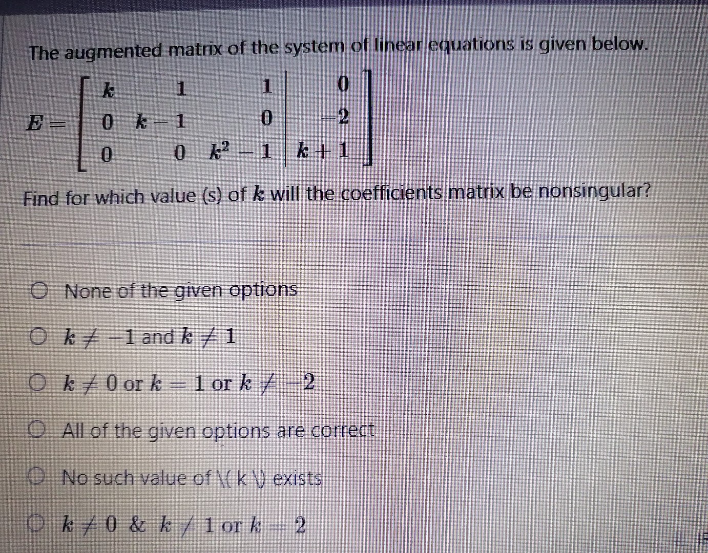 Solved The augmented matrix of the system of linear | Chegg.com