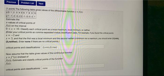 Solved Previous Problemn List Next (1 point) The following | Chegg.com