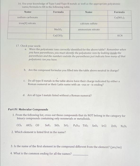 Solved 16. Use your knowledge of Type I and Type II metals | Chegg.com