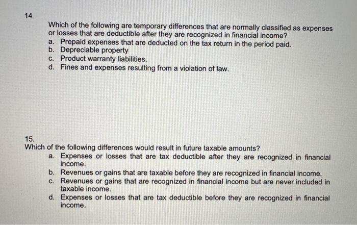 Solved Which of the following are temporary differences that | Chegg.com