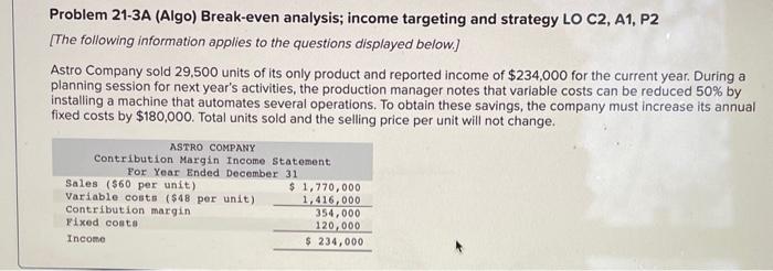 Solved Problem 21-3A (Algo) Break-even analysis; income | Chegg.com
