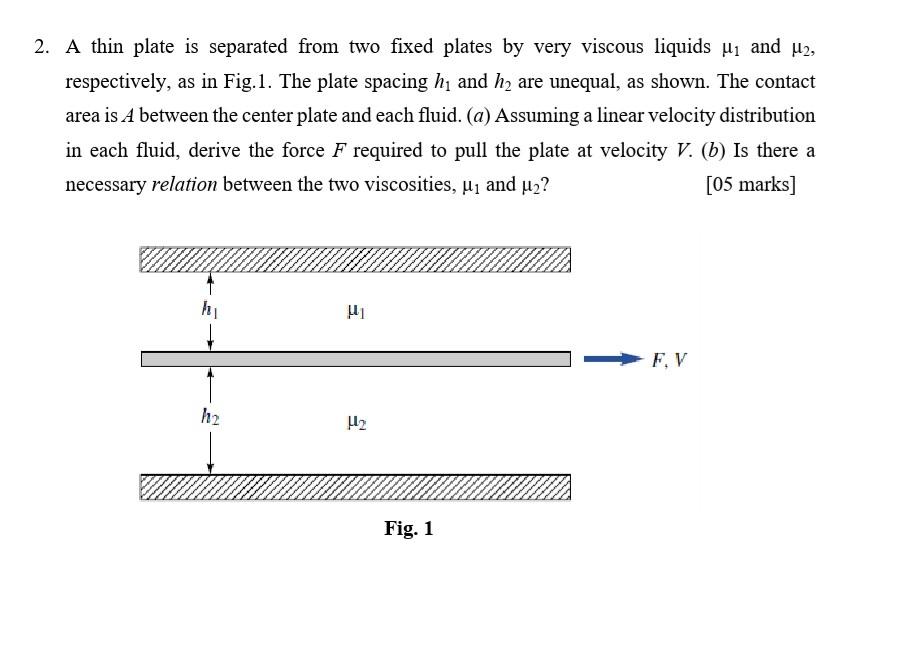 Solved 2. A thin plate is separated from two fixed plates by | Chegg.com