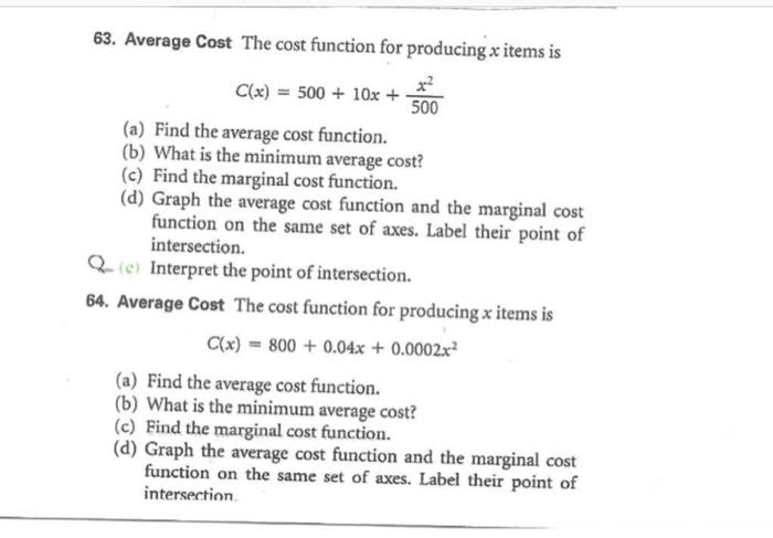 Solved 63. Average Cost The cost function for producing x | Chegg.com