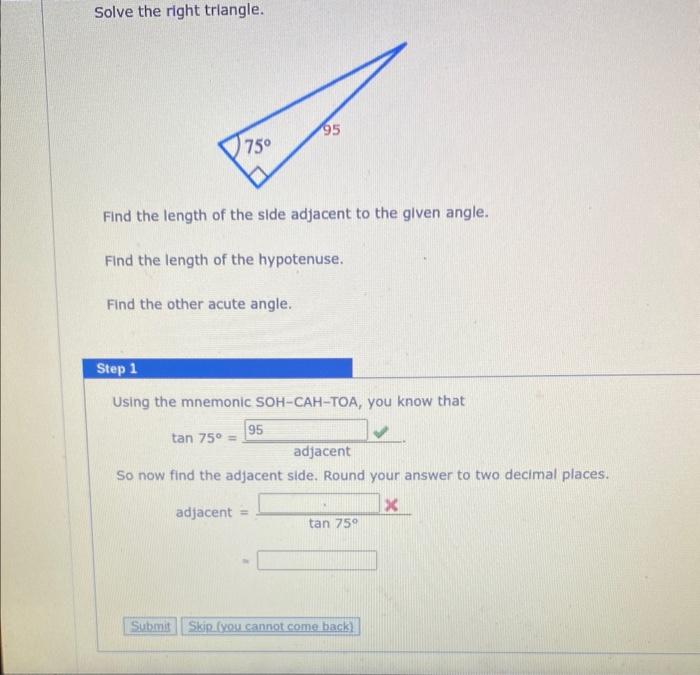 Solved Solve the right triangle. Find the length of the side | Chegg.com