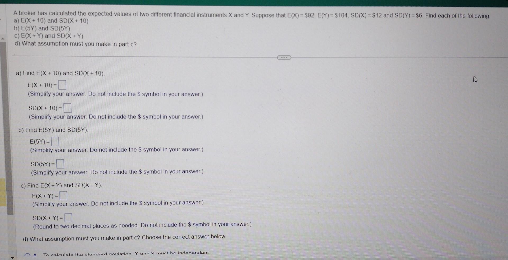 Solved A broker has calculated the expected values of two | Chegg.com